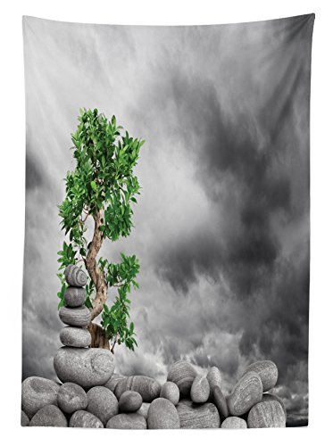 Lunarable Peace Outdoor Tablecloth, Basalt Stones Pile and Green Tree Moody Stormy Dramatic Sky Asia Balance Therapy Theme, Decorative Washable Picnic Table Cloth, 58" X 104", Grey Green