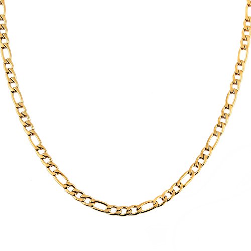 HZMAN Men Women 24k Real Gold Plated Figaro Chain Stainless Steel Necklace, Wide 3mm 5mm 7mm 9mm