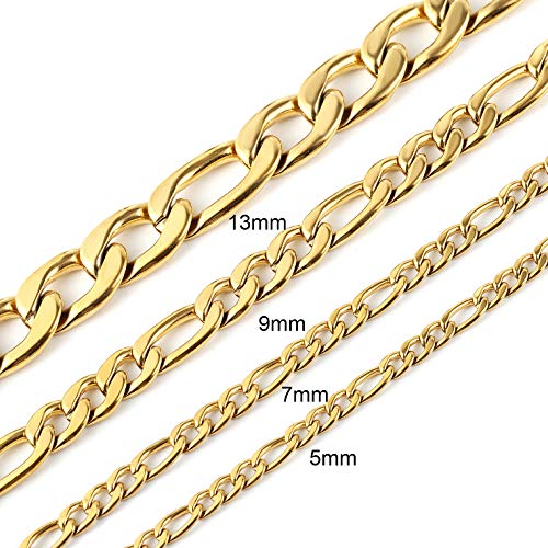 HZMAN Men Women 24k Real Gold Plated Figaro Chain Stainless Steel Necklace, Wide 3mm 5mm 7mm 9mm