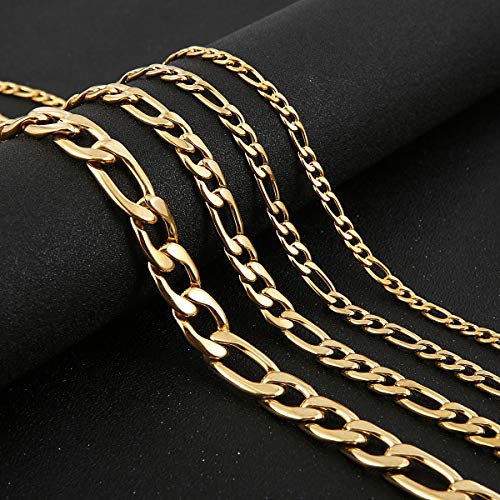 HZMAN Men Women 24k Real Gold Plated Figaro Chain Stainless Steel Necklace, Wide 3mm 5mm 7mm 9mm