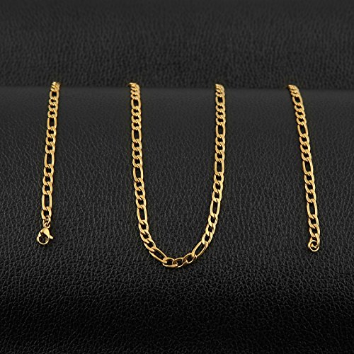 HZMAN Men Women 24k Real Gold Plated Figaro Chain Stainless Steel Necklace, Wide 3mm 5mm 7mm 9mm