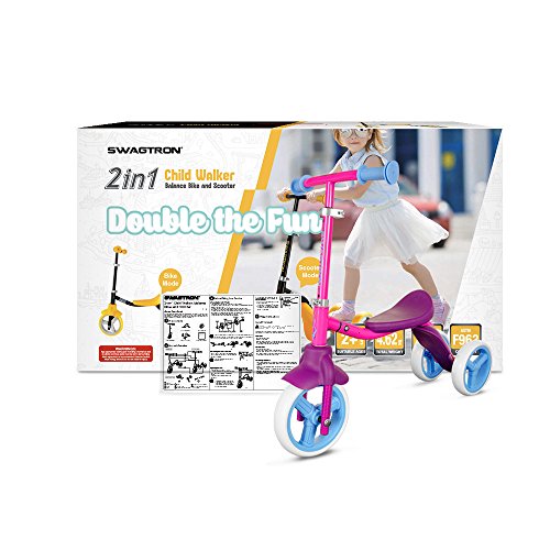 Swagtron K2 Three-Wheel Transforming Scooter & Balance Trike, 2-in-1 Adjustable Ride-On for Kids Age 2-5, Pink