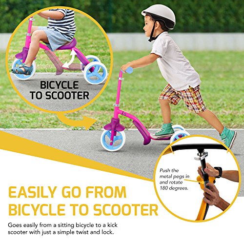 Swagtron K2 Three-Wheel Transforming Scooter & Balance Trike, 2-in-1 Adjustable Ride-On for Kids Age 2-5, Pink