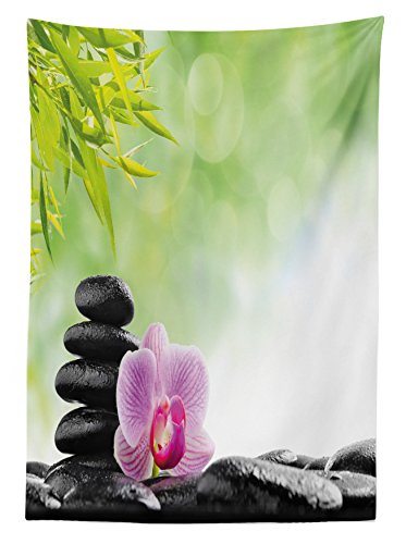 Lunarable Asian Outdoor Tablecloth, Basalt Stone and Orchid Flower with Dew Harmony Therapeutic Spa Theme Photo, Decorative Washable Picnic Table Cloth, 58" X 84", Green Black Pink