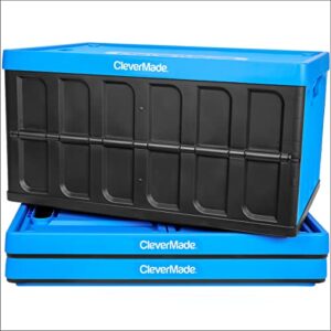 clevermade 62l collapsible storage bins with lids - folding plastic stackable utility crates, solid wall clevercrates, 3 pack, neptune blue