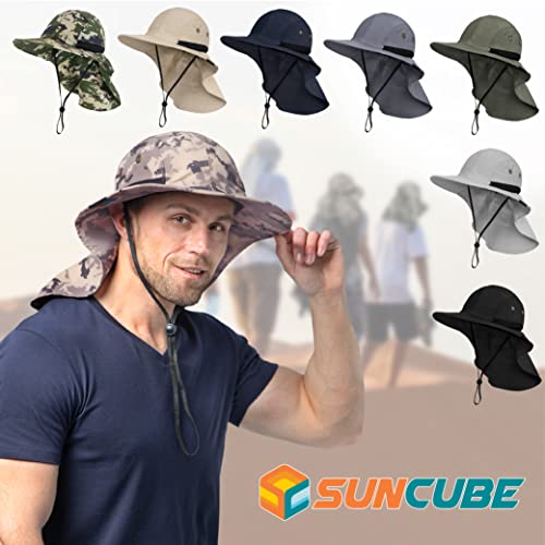 SUN CUBE Sun Hat for Men, Wide Brim Fishing Hat Neck Flap Cover Men Women, Hiking Safari, UV Sun Protection Summer Gardening Beach Camping UPF 50+, Tan