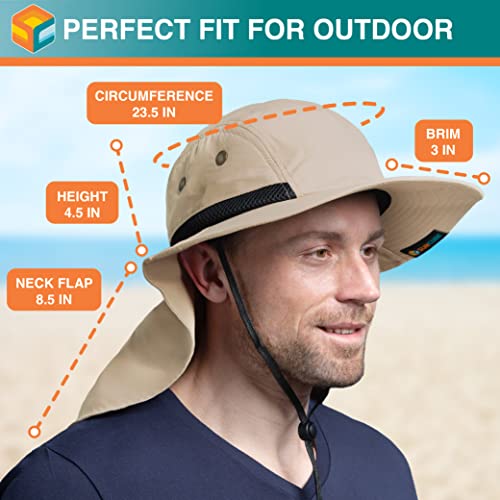 SUN CUBE Sun Hat for Men, Wide Brim Fishing Hat Neck Flap Cover Men Women, Hiking Safari, UV Sun Protection Summer Gardening Beach Camping UPF 50+, Tan