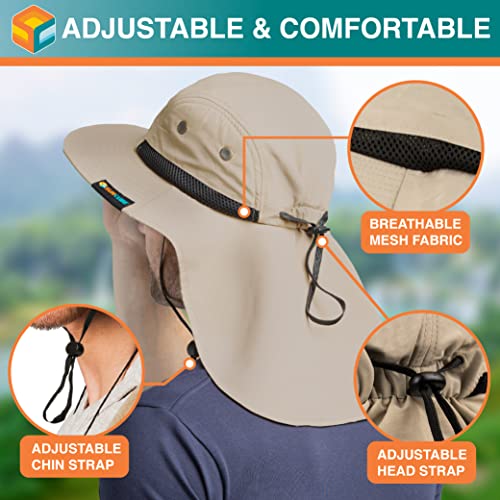 SUN CUBE Sun Hat for Men, Wide Brim Fishing Hat Neck Flap Cover Men Women, Hiking Safari, UV Sun Protection Summer Gardening Beach Camping UPF 50+, Tan