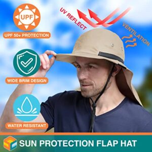 SUN CUBE Sun Hat for Men, Wide Brim Fishing Hat Neck Flap Cover Men Women, Hiking Safari, UV Sun Protection Summer Gardening Beach Camping UPF 50+, Tan