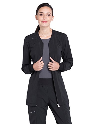 Cherokee Zip Front Womens Scrub Jacket 4-way Stretch with Lightweight, Superior Performance and Comfort, Infinity CK370A, S, Black