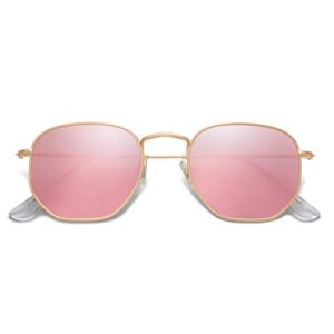 sojos small square polarized sunglasses for men and women polygon mirrored lens sj1072 with gold frame/pink mirrored lens