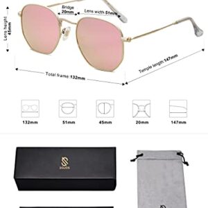 SOJOS Small Square Polarized Sunglasses for Men and Women Polygon Mirrored Lens SJ1072 with Gold Frame/Pink Mirrored Lens