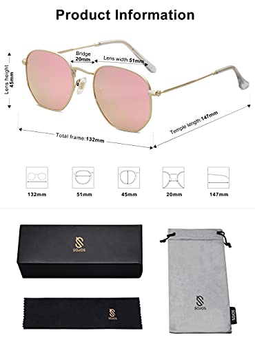 SOJOS Small Square Polarized Sunglasses for Men and Women Polygon Mirrored Lens SJ1072 with Gold Frame/Pink Mirrored Lens