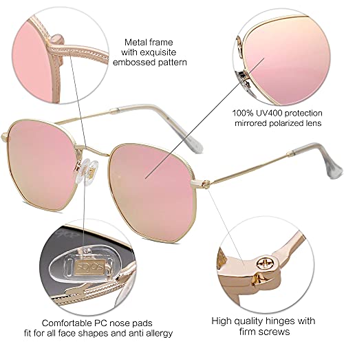 SOJOS Small Square Polarized Sunglasses for Men and Women Polygon Mirrored Lens SJ1072 with Gold Frame/Pink Mirrored Lens