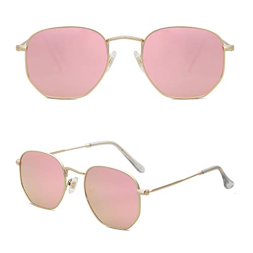 SOJOS Small Square Polarized Sunglasses for Men and Women Polygon Mirrored Lens SJ1072 with Gold Frame/Pink Mirrored Lens