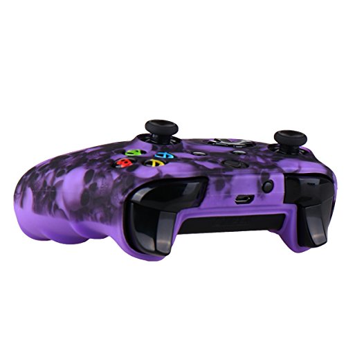 YoRHa Water Transfer Printing Skull Silicone Cover Skin Case for Microsoft Xbox One X & Xbox One S Controller x 1(Purple) with PRO Thumb Grips x 8