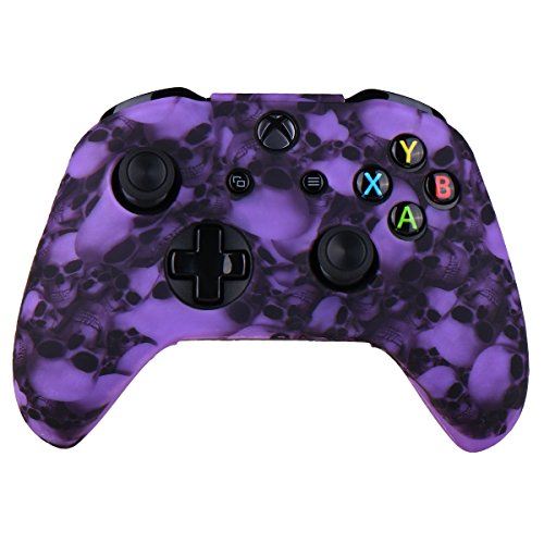 YoRHa Water Transfer Printing Skull Silicone Cover Skin Case for Microsoft Xbox One X & Xbox One S Controller x 1(Purple) with PRO Thumb Grips x 8