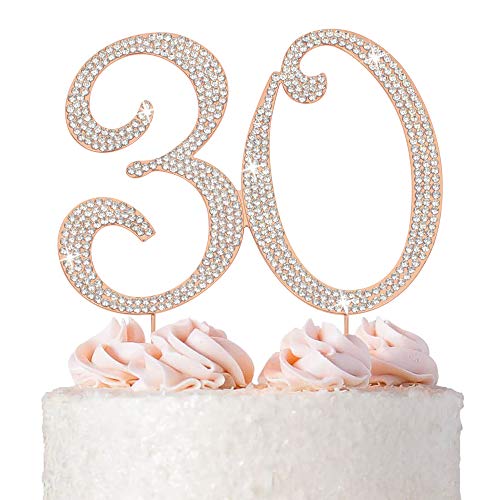 Crystal Creations 30 Cake Topper - Premium Rose Gold Metal - 30th Birthday or Anniversary Party Sparkly Rhinestone Decoration Makes a Great Centerpiece - Now Protected in a Box