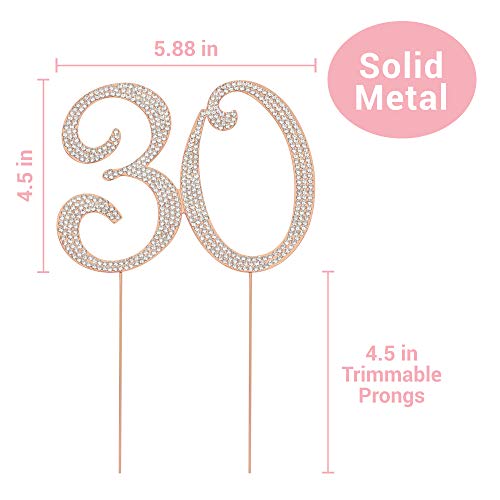 Crystal Creations 30 Cake Topper - Premium Rose Gold Metal - 30th Birthday or Anniversary Party Sparkly Rhinestone Decoration Makes a Great Centerpiece - Now Protected in a Box