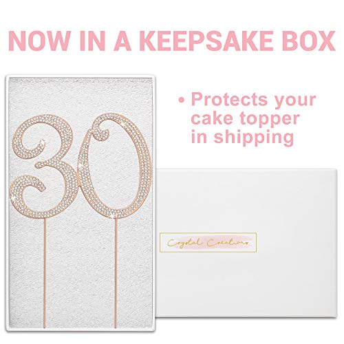 Crystal Creations 30 Cake Topper - Premium Rose Gold Metal - 30th Birthday or Anniversary Party Sparkly Rhinestone Decoration Makes a Great Centerpiece - Now Protected in a Box