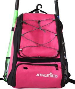 athletico baseball bat bag - backpack, t-ball & softball equipment & gear for youth and adults | holds helmet, glove | shoe compartment & fence hook (magenta)