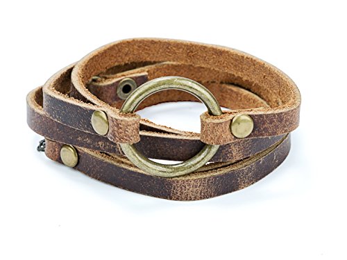 SPUNKYsoul Boho Handmade 5 Wrap Cuff Genuine Leather Antique Gold Circle Adjustable Western Weathered Rustic Bohemian Multi-Layer Bracelet Jewelry Gift for Women (Brown)