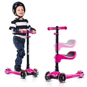 LaScoota 2-in-1 Kids Kick Scooter, Adjustable Height Handlebars and Removable Seat, 3 LED Lighted Wheels and Anti-Slip Deck, for Boys & Girls Aged 3-12 and up to 100 Lbs.