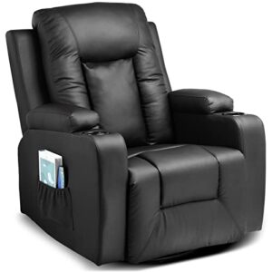 comhoma leather recliner chair modern rocker with heated massage ergonomic lounge 360 degree swivel single sofa seat with drink holders living room chair (black)