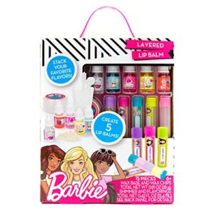 horizon group usa barbie make your own layered lip balm kit, diy 5 custom lip balms by mixing flavors like vanilla, strawberry, watermelon & tropical punch, multicolored