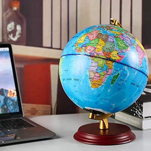 TTKTK Illuminated World Globe(Dia 8-Inch) for Kids with Wooden Stand 7 in 1- Night View Stars Map Constellation Globe with Detailed Colorful World ,Built-in LED Bulb, Educational Gift, 8 inch