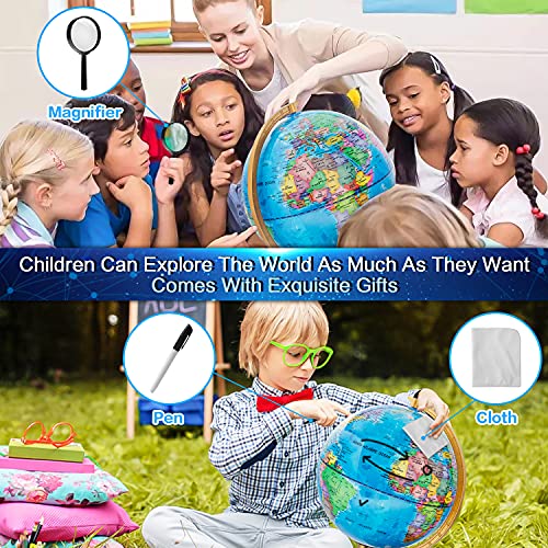 TTKTK Illuminated World Globe(Dia 8-Inch) for Kids with Wooden Stand 7 in 1- Night View Stars Map Constellation Globe with Detailed Colorful World ,Built-in LED Bulb, Educational Gift, 8 inch