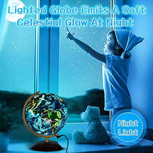 TTKTK Illuminated World Globe(Dia 8-Inch) for Kids with Wooden Stand 7 in 1- Night View Stars Map Constellation Globe with Detailed Colorful World ,Built-in LED Bulb, Educational Gift, 8 inch