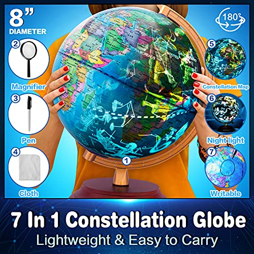 TTKTK Illuminated World Globe(Dia 8-Inch) for Kids with Wooden Stand 7 in 1- Night View Stars Map Constellation Globe with Detailed Colorful World ,Built-in LED Bulb, Educational Gift, 8 inch