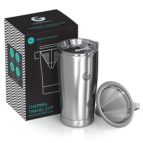 Coffee Gator Coffee Travel Mug - 20 oz Stainless-Steel, Vacuum Insulated Tea and Coffee Tumbler for Women and Men with Leakproof Lid & Paperless Dripper, Silver