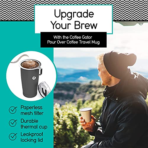 Coffee Gator Coffee Travel Mug - 20 oz Stainless-Steel, Vacuum Insulated Tea and Coffee Tumbler for Women and Men with Leakproof Lid & Paperless Dripper, Silver