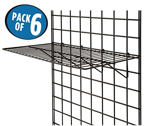 Gridwall Panel Display Shelf - Only Garment Racks - Clothing Display Rack Grid, Heavy Duty Shelves, 12"D x 24"L Straight Shelf for Grid Panel, Black Finish, Wire, (Box of 6)