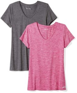 amazon essentials women's tech stretch short-sleeve v-neck t-shirt (available in plus size), pack of 2, charcoal heather space dye/raspberry red space dye, x-large