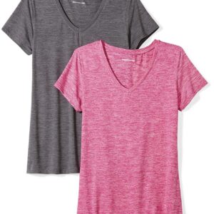 Amazon Essentials Women's Tech Stretch Short-Sleeve V-Neck T-Shirt (Available in Plus Size), Pack of 2, Charcoal Heather Space Dye/Raspberry Red Space Dye, X-Large