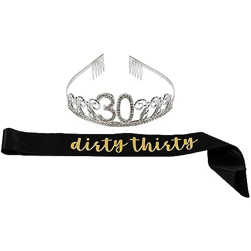 Happy Birthday Tiara and Sash Set - Rhinestone Queen Tiara with Dirty Thirty Satin Sash Decoration for 30th Birthday