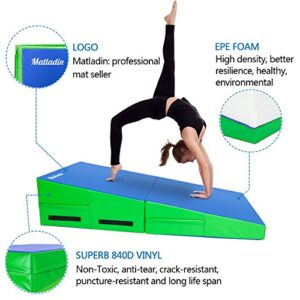 Matladin Folding Gymnastics Cheese Wedge Incline Mat, Gym Fitness Tumbling Skill Shape Mat for Kids Girls Home Training Exercise (55"x28"x14", Blue+Green)