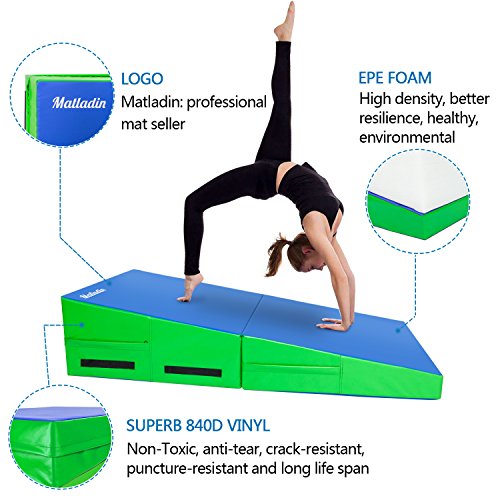 Matladin Folding Gymnastics Cheese Wedge Incline Mat, Gym Fitness Tumbling Skill Shape Mat for Kids Girls Home Training Exercise (55"x28"x14", Blue+Green)