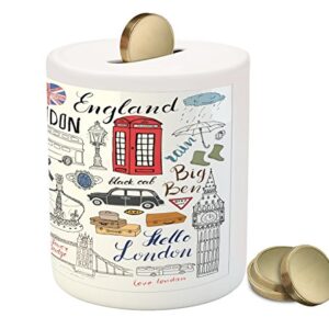 Ambesonne Hipster Piggy Bank, I Love London Double Decker Bus Telephone Booth Cab Crown of United Kingdom Big Ben, Ceramic Coin Bank Money Box for Cash Saving, 3.6" X 3.2", Red Blue