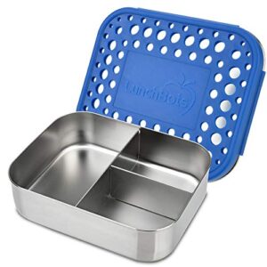 lunchbots medium trio ii snack container - divided stainless steel food container - three sections for snacks on the go - eco-friendly, dishwasher safe, bpa-free - stainless lid - blue dots