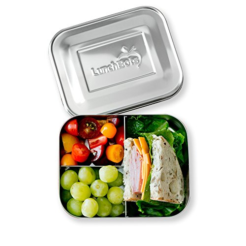 LunchBots Medium Trio II Snack Container - Divided Stainless Steel Food Container - Three Sections for Snacks On the Go - Eco-Friendly, Dishwasher Safe, BPA-Free - Stainless Lid - Blue Dots