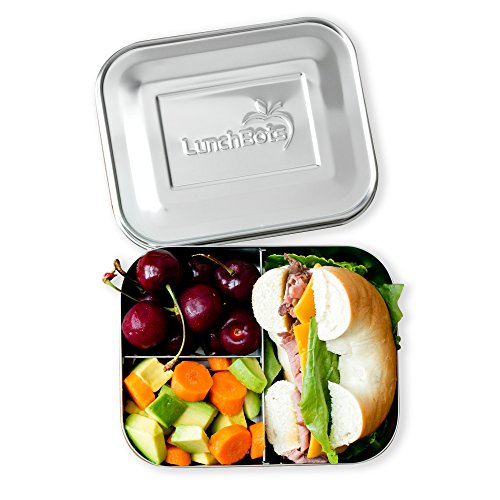 LunchBots Medium Trio II Snack Container - Divided Stainless Steel Food Container - Three Sections for Snacks On the Go - Eco-Friendly, Dishwasher Safe, BPA-Free - Stainless Lid - Blue Dots