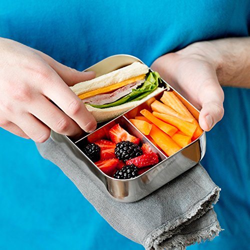 LunchBots Medium Trio II Snack Container - Divided Stainless Steel Food Container - Three Sections for Snacks On the Go - Eco-Friendly, Dishwasher Safe, BPA-Free - Stainless Lid - Blue Dots