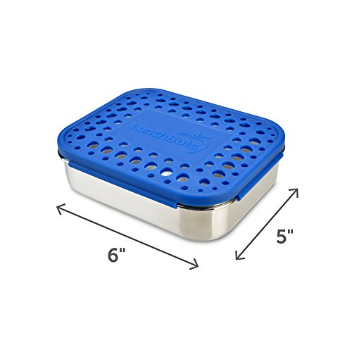 LunchBots Medium Trio II Snack Container - Divided Stainless Steel Food Container - Three Sections for Snacks On the Go - Eco-Friendly, Dishwasher Safe, BPA-Free - Stainless Lid - Blue Dots