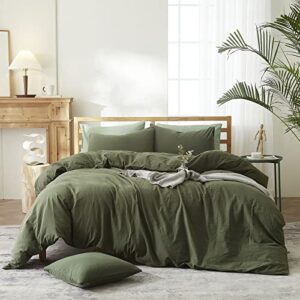 amwan army green bedding sets queen size dark green duvet cover 100% washed cotton comforter cover modern style solid color, luxury soft for men women bed set