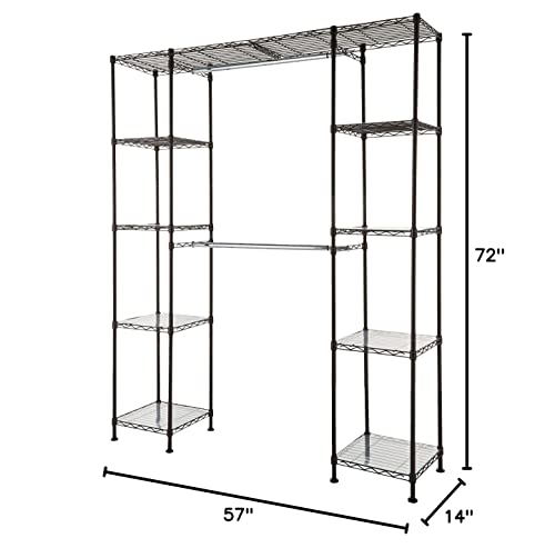 Amazon Basics Expandable Metal Hanging Storage Organizer Rack Wardrobe with Shelves, 57''-80''L X 14''WX72''H, Bronze