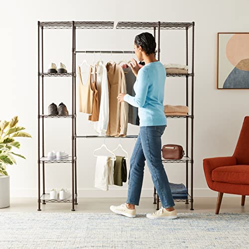 Amazon Basics Expandable Metal Hanging Storage Organizer Rack Wardrobe with Shelves, 57''-80''L X 14''WX72''H, Bronze